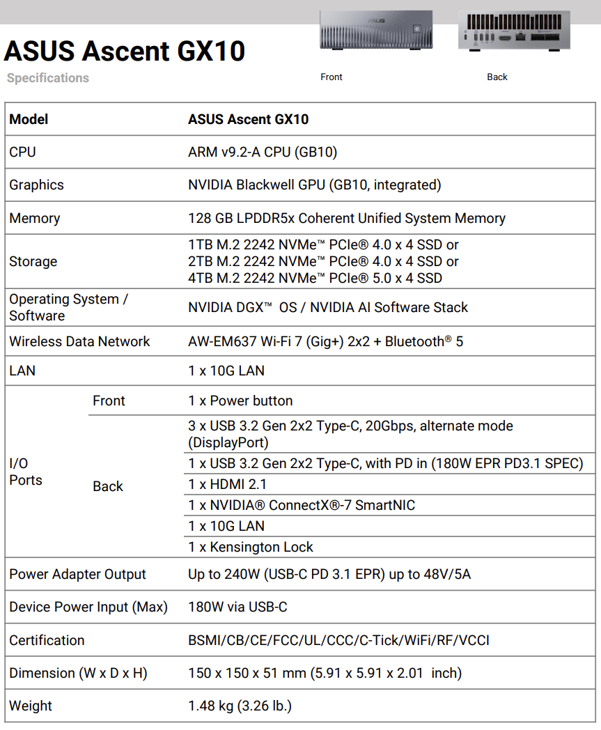 ASUS Ascent GX10 (Based on NVIDIA DGX™ Spark) – NovaGlobal Pte Ltd
